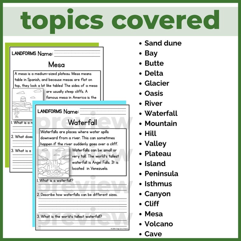 K-2 Reading Comprehension Worksheets, Landforms Passages, Stories With ...