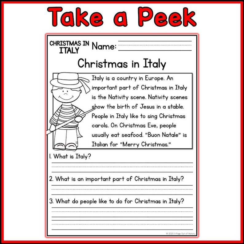 Christmas in Italy Reading Comprehension Passages K-2 Homeschool Social ...
