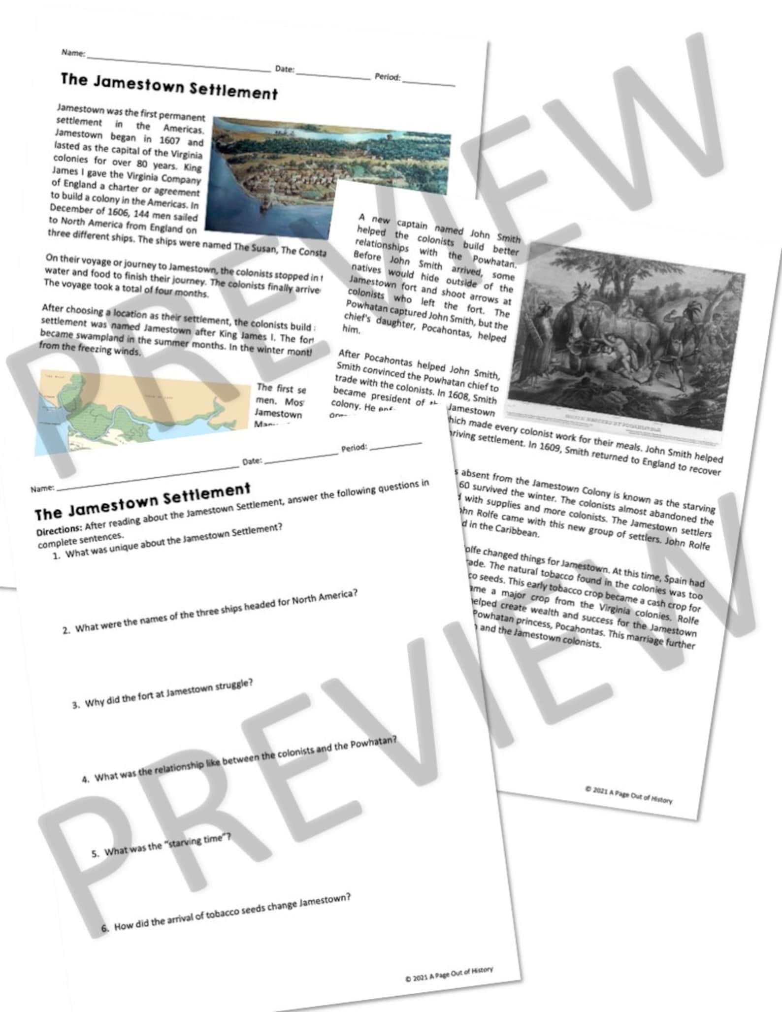 Jamestown Settlement Reading Worksheets and Answer Keys | 6-12 ...