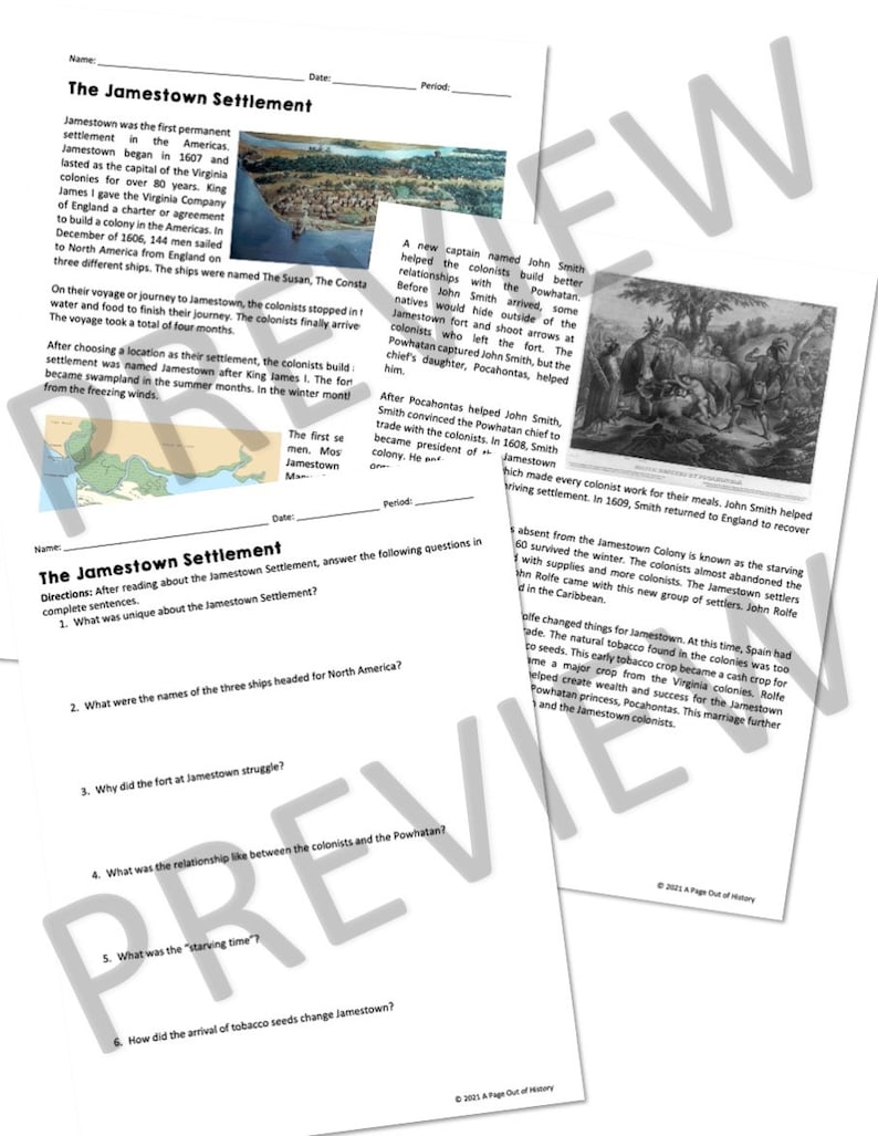 Jamestown Settlement Reading Worksheets and Answer Keys | 6-12 ...