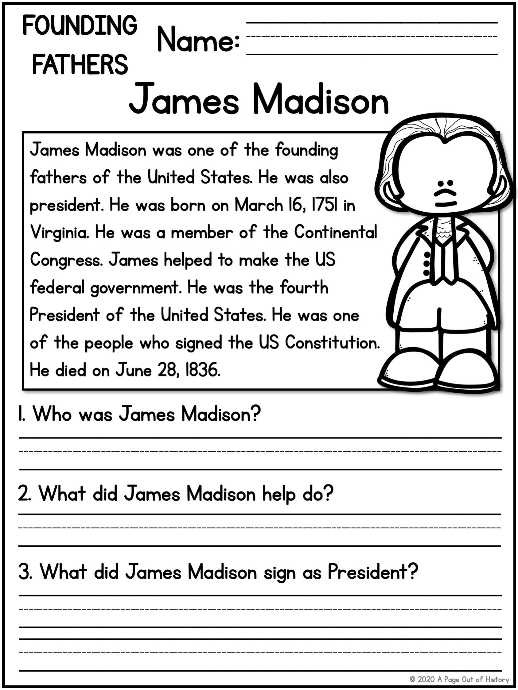 Founding Fathers Reading Comprehension Passages K-2 Homeschool | Etsy