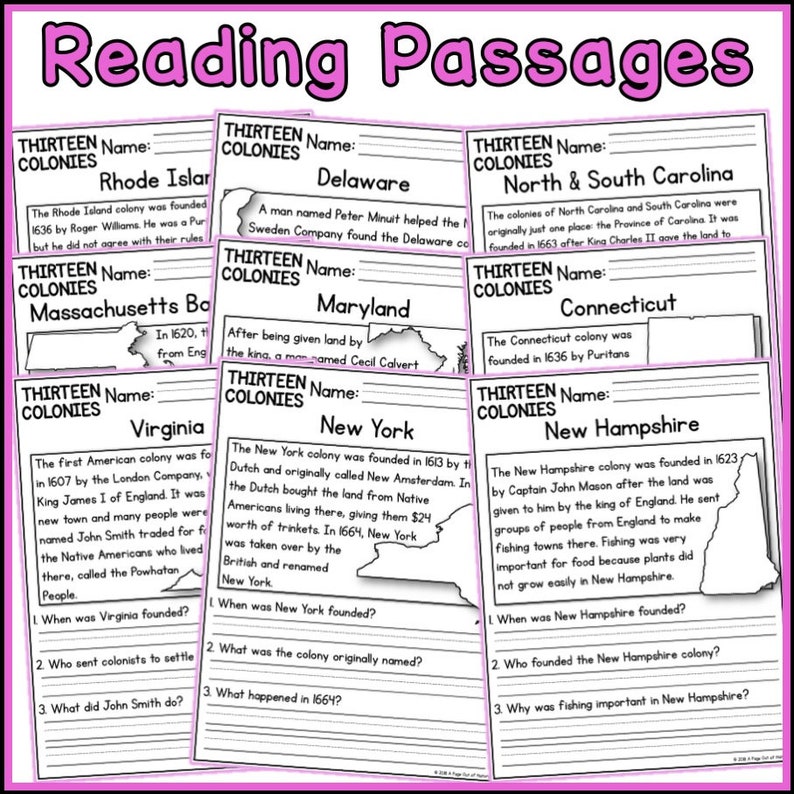 Thirteen Colonies Reading Comprehension Passages | K-2 | Homeschool ...