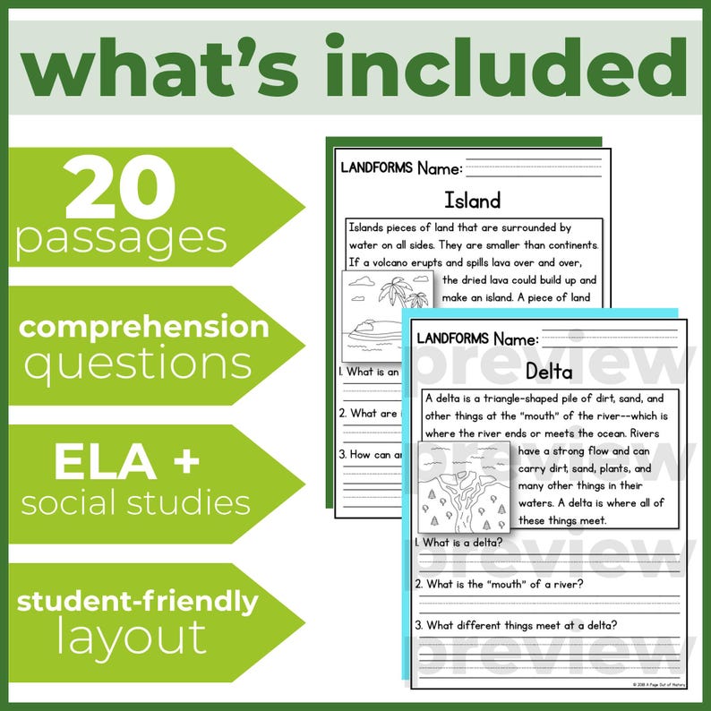 K-2 Reading Comprehension Worksheets, Landforms Passages, Stories With ...