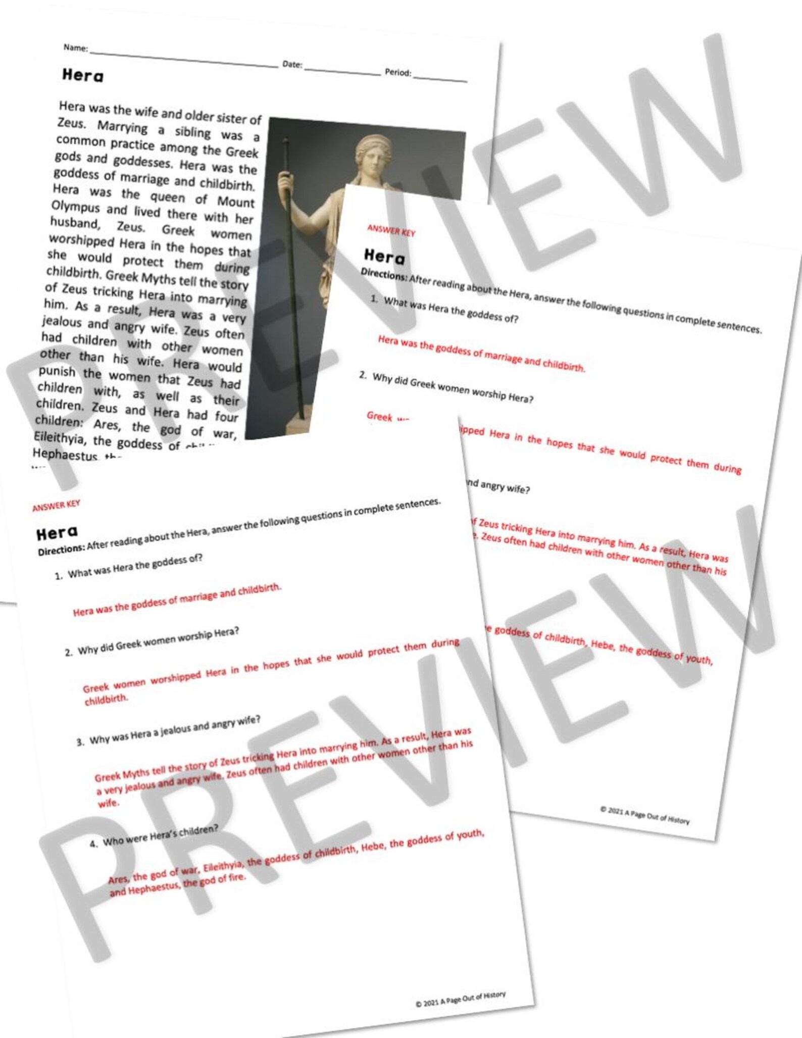 Hera Greek Mythology Reading Comprehension Worksheets and Answer Keys ...