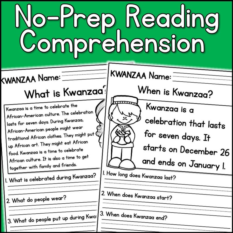 1st 2nd Grade Reading Comprehension | Kwanzaa Holidays Passages ...