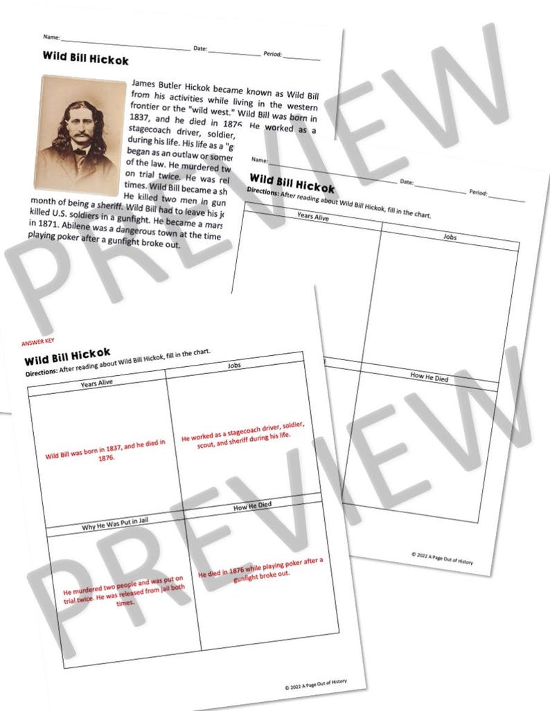 Wild Bill Hickok Westward Expansion Reading Comprehension Worksheet ...