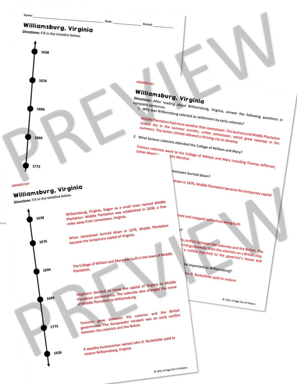 Williamsburg Virginia Reading Worksheets and Answer Keys, Colonial ...