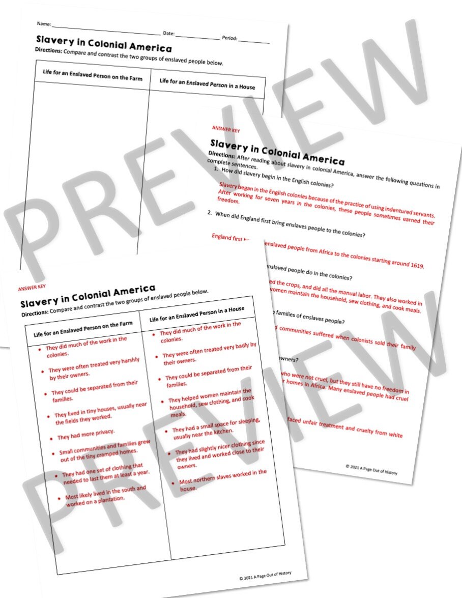 Slavery in Colonial America Reading Worksheets and Answer Keys | 6-12 ...