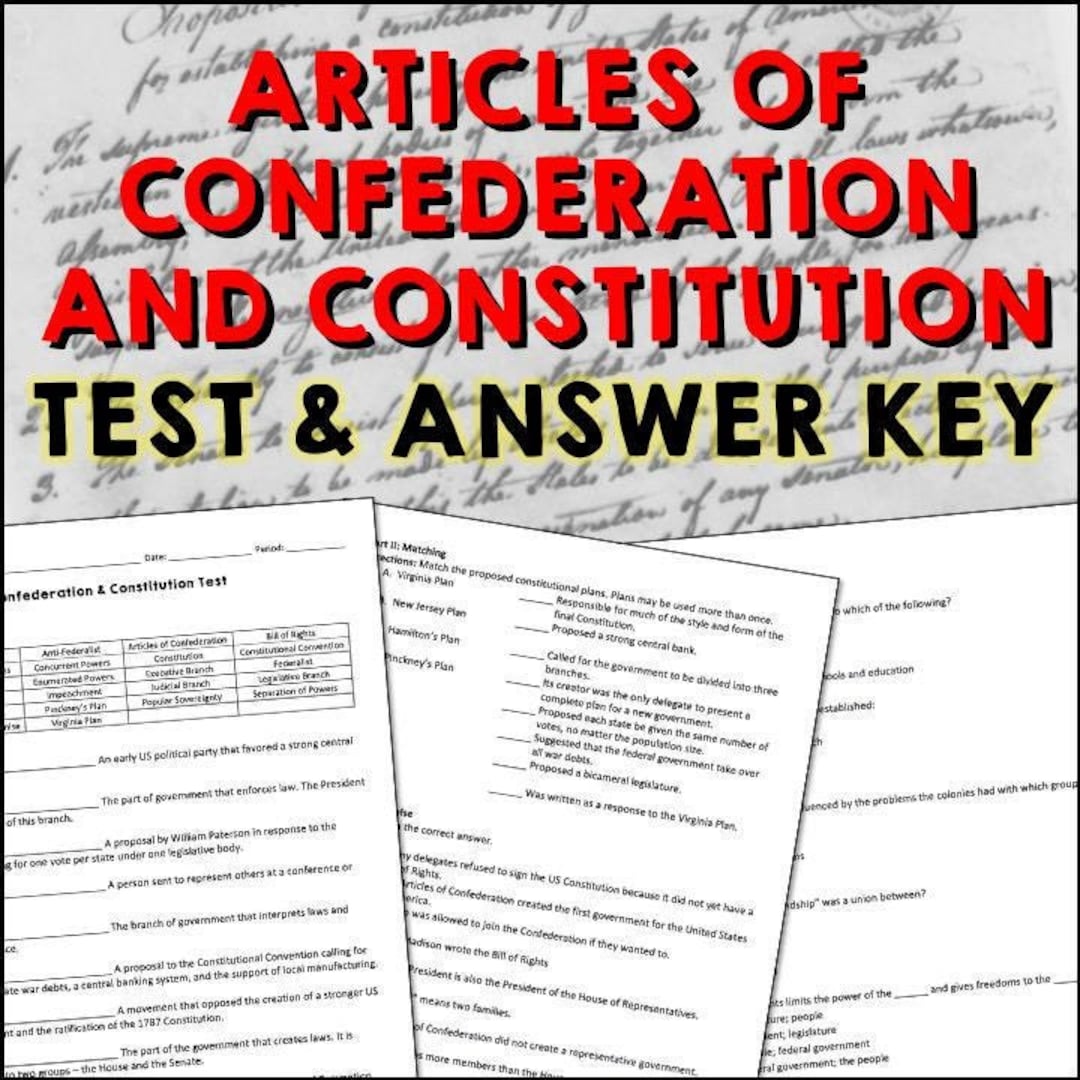Articles of Confederation US Constitution Test and Answer Key 6-12 ...