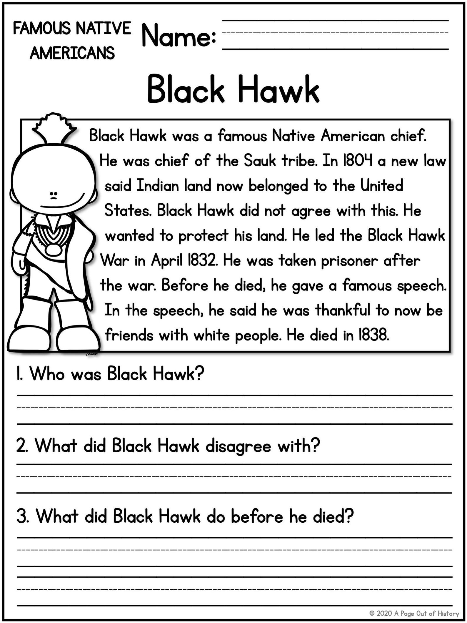 Famous Native Americans Reading Comprehension Passages K-2 | Etsy