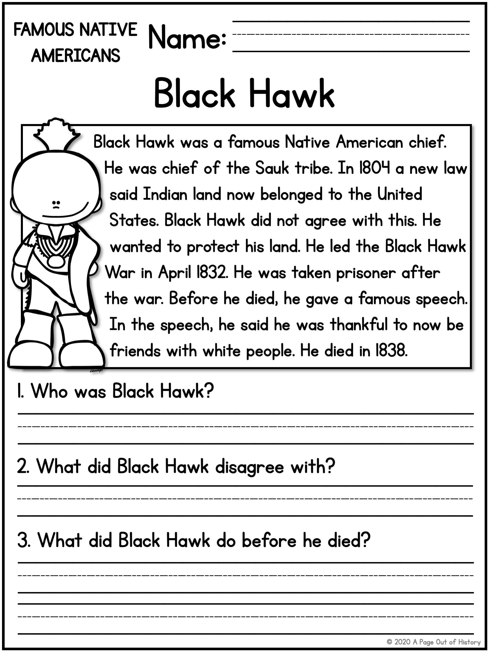 Famous Native Americans Reading Comprehension Passages K-2 | Etsy