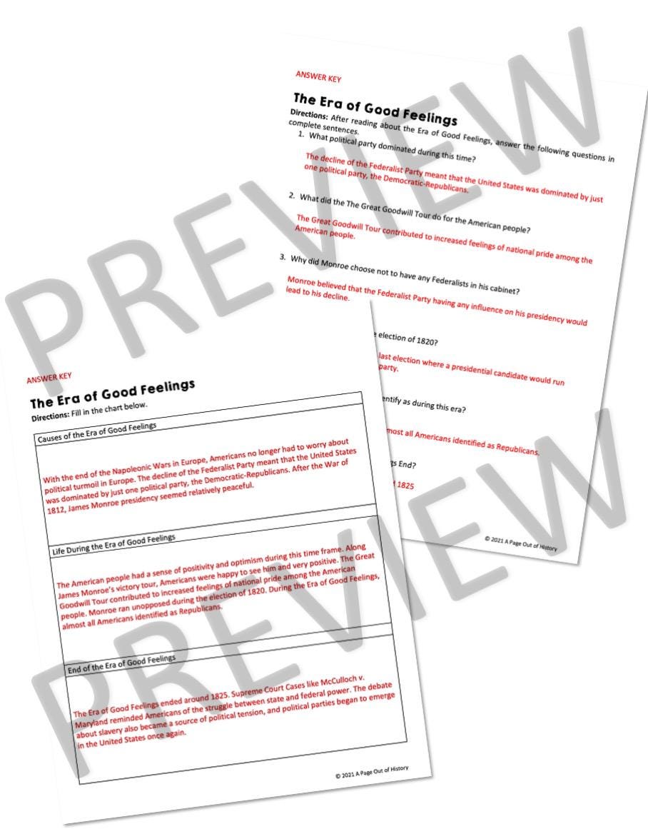 Era of Good Feelings Early American Republic Reading Worksheets and ...