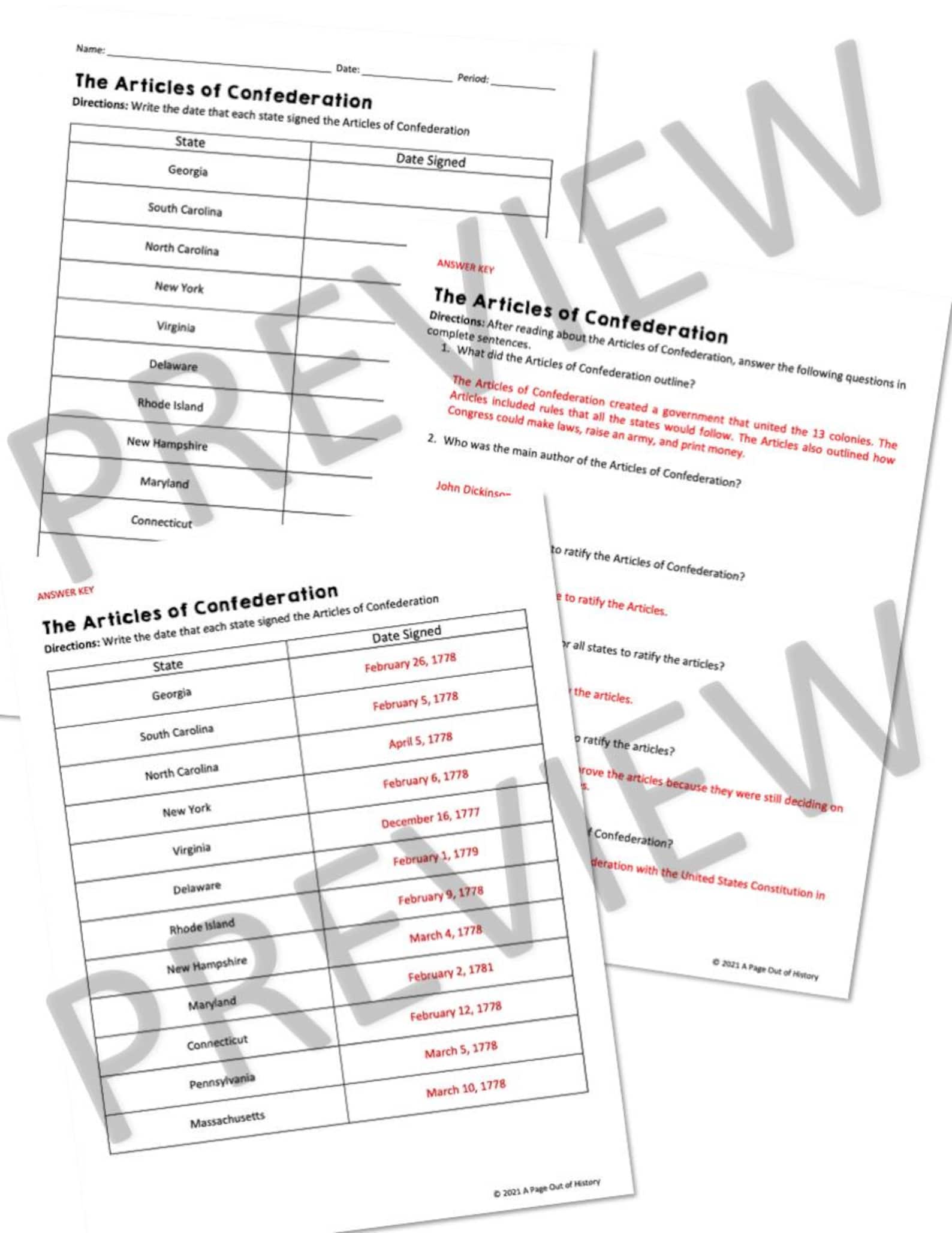 Articles of Confederation Reading Worksheets and Answer Keys | 6-12 ...