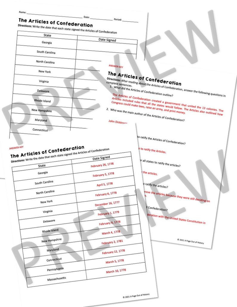 Articles of Confederation Reading Worksheets and Answer Keys | 6-12 ...
