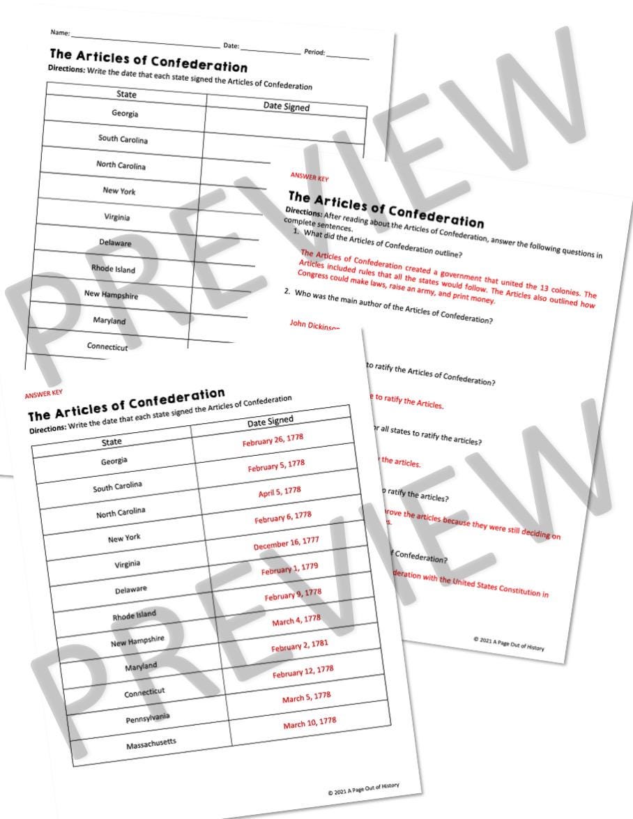 Articles of Confederation Reading Worksheets and Answer Keys | 6-12 ...