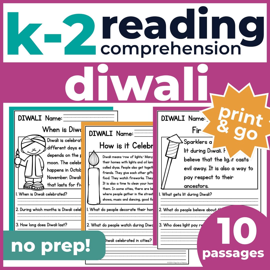 K-2 Reading Comprehension Worksheets, Diwali Holiday Passages, 1st 2nd ...