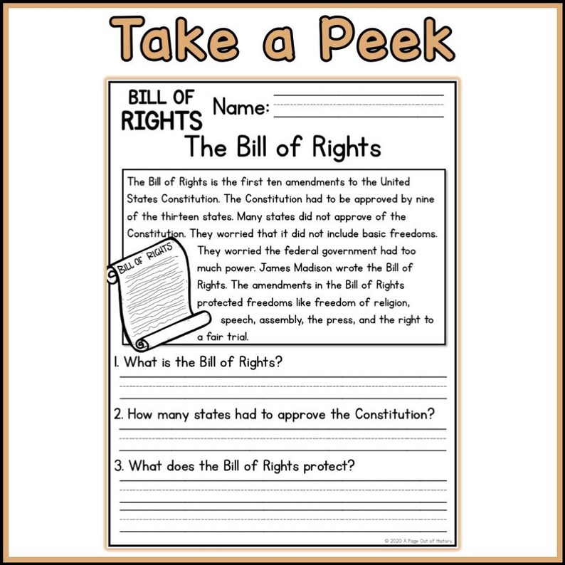 K-2 Bill of Right Reading Comprehension Worksheets, Passages ...