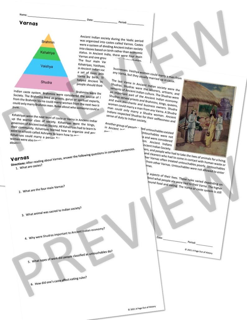 Varnas Caste System of Ancient India Reading Worksheets and Answer Keys ...