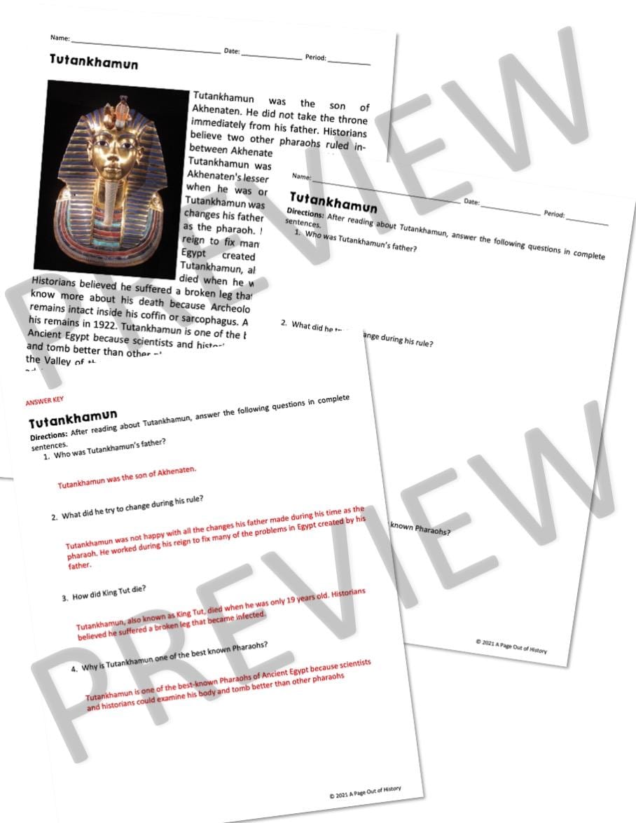 Tutankhamun Pharaoh Ancient Egypt Reading Worksheets and Answer Keys - Etsy