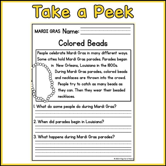 Mardi Gras Reading Comprehension Worksheets Mardi Gras No Prep ELA