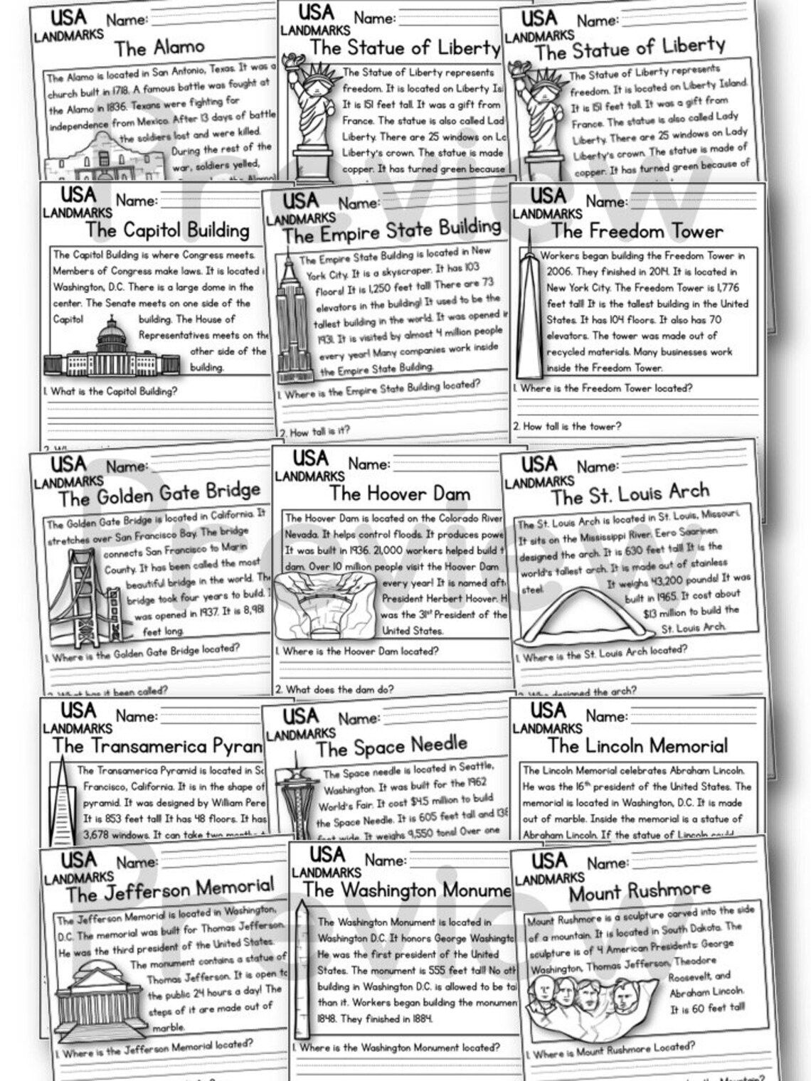 United States Landmarks Reading Comprehension Passages K-2 | Etsy