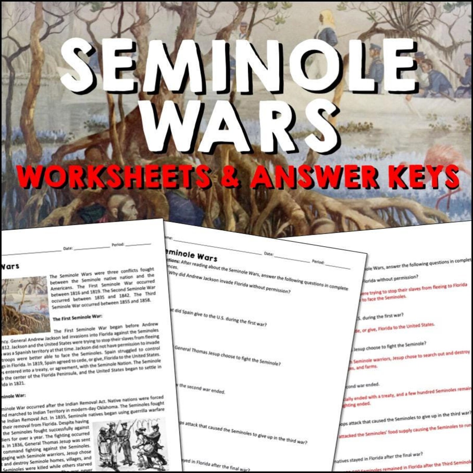 Seminole Wars Andrew Jackson Reading Worksheets and Answer Keys, Us ...