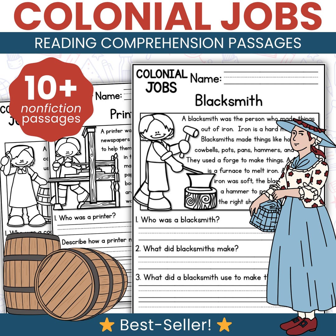 Colonial Jobs Reading Comprehension Passages, 13 Colonies Worksheets ...