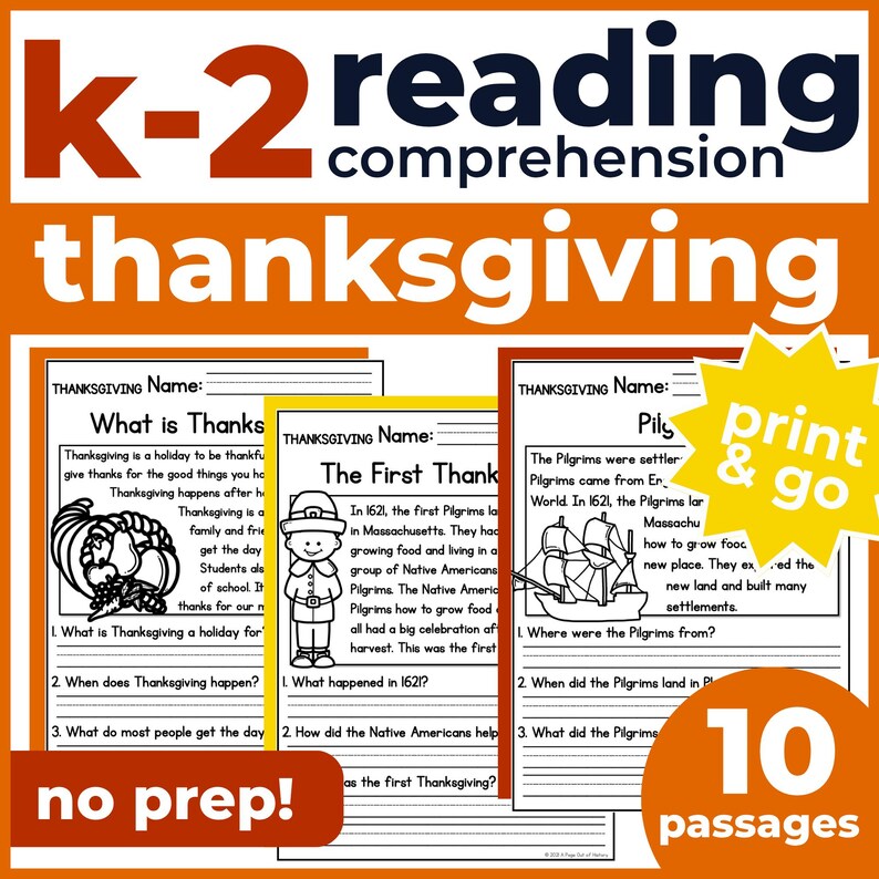 K-2 Reading Practice Worksheets, Thanksgiving Passages, Stories With ...