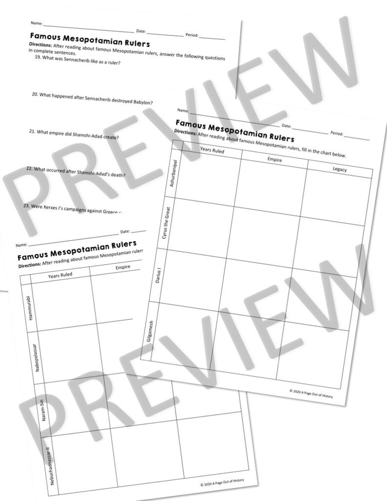 Famous Mesopotamia Rulers Reading Worksheets & Answer Keys, History ...