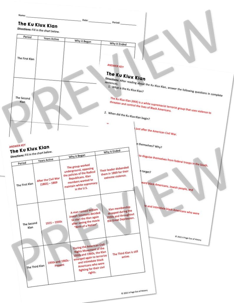 The Ku Klux Klan Reconstruction Reading Worksheets and Answer Keys - Etsy