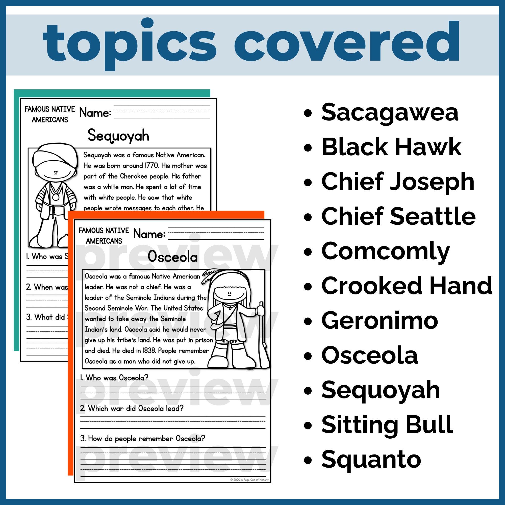 1st 2nd Grade K-2 Reading Comprehension Printable Pages, Famous Native ...