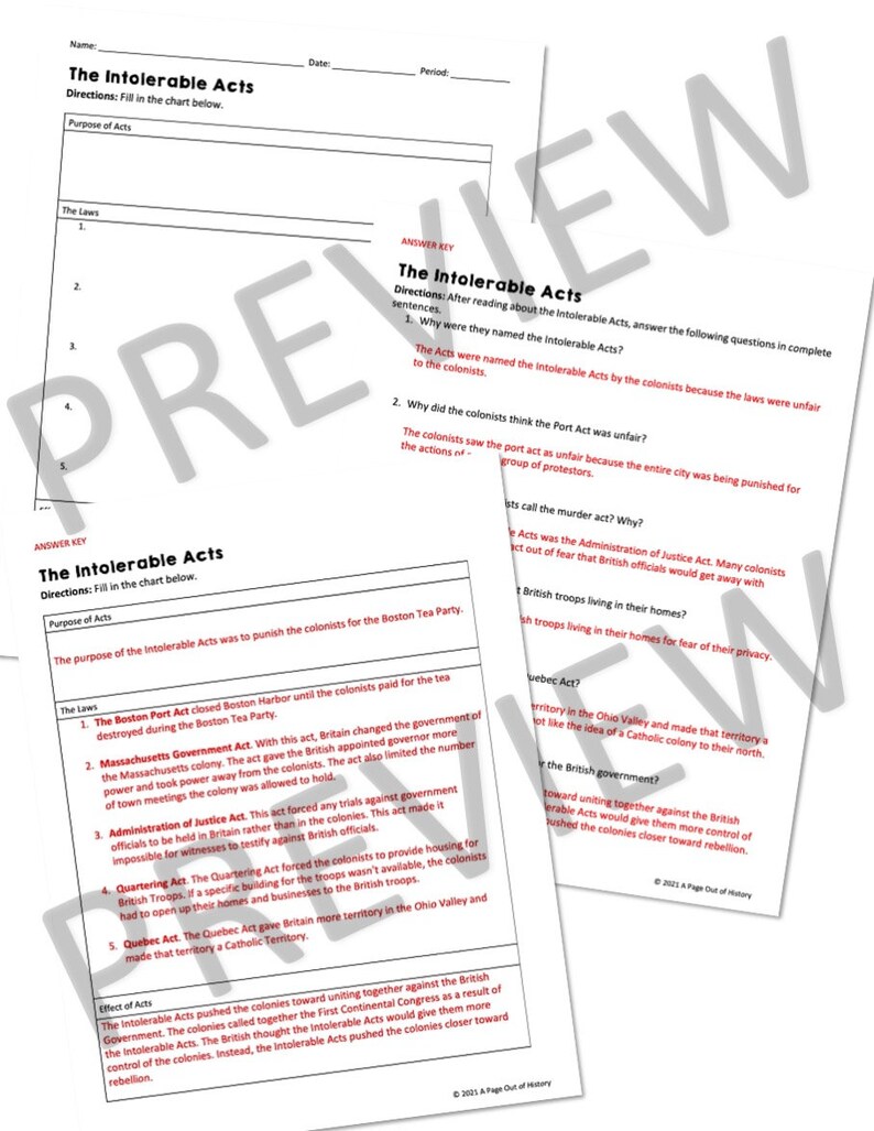 Intolerable Acts Reading Comprehension Worksheet, American Revolution ...