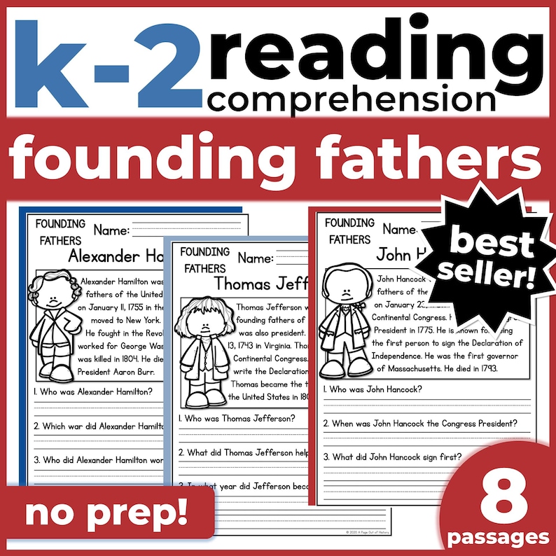 K-2 Founding Fathers Reading Comprehension Worksheets, Colonial ...
