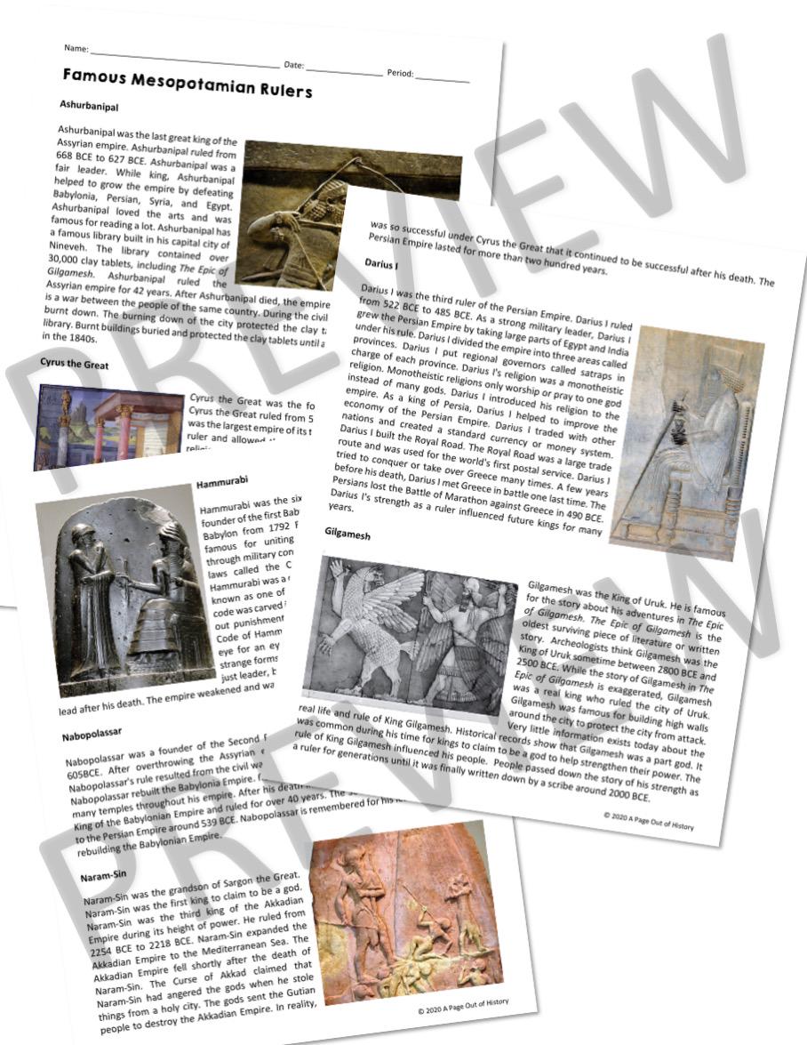 Famous Mesopotamia Rulers Reading Worksheets & Answer Keys, History ...