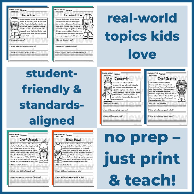 1st 2nd Grade K-2 Reading Comprehension Printable Pages, Famous Native ...