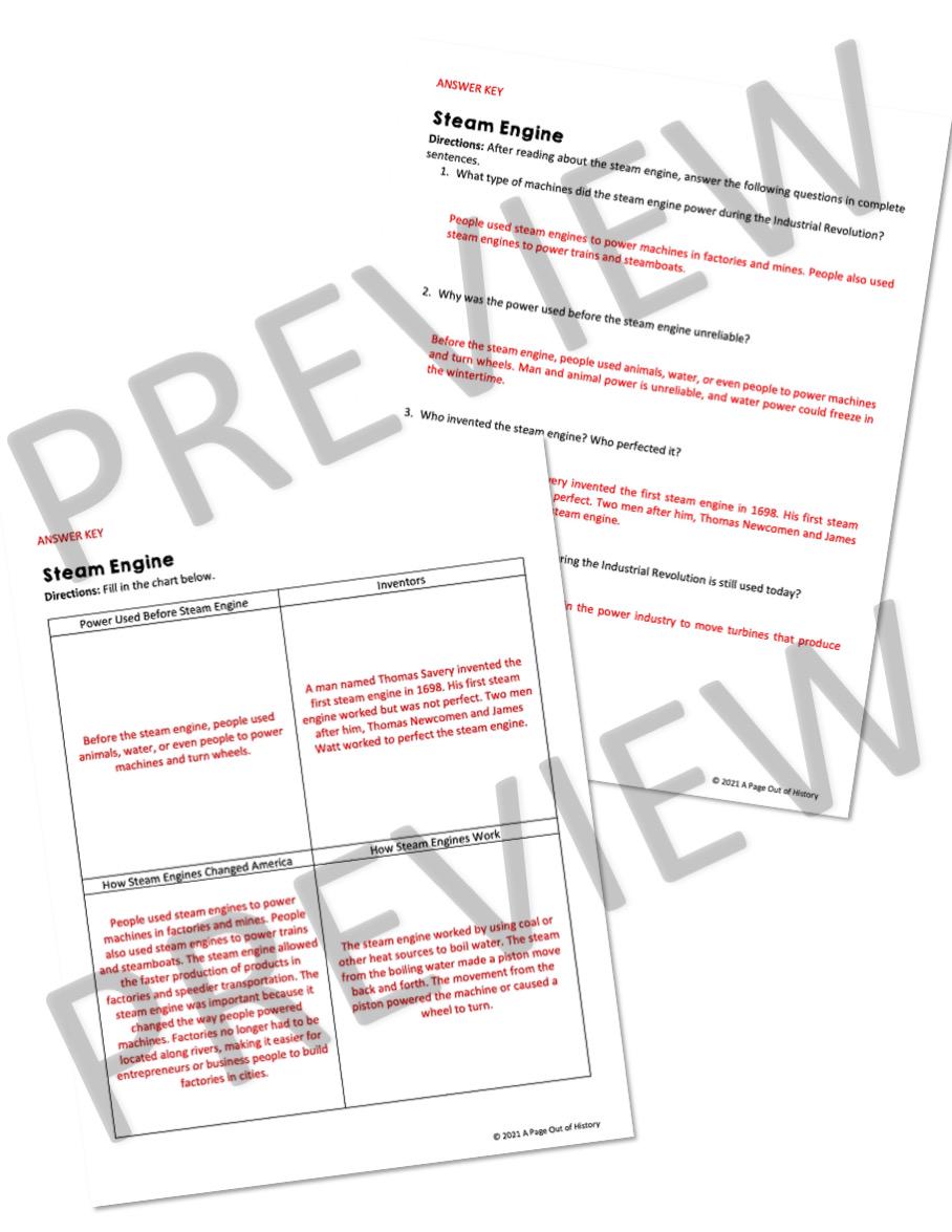 Steam Engine Industrial Revolution Reading Worksheet, Passages for ...