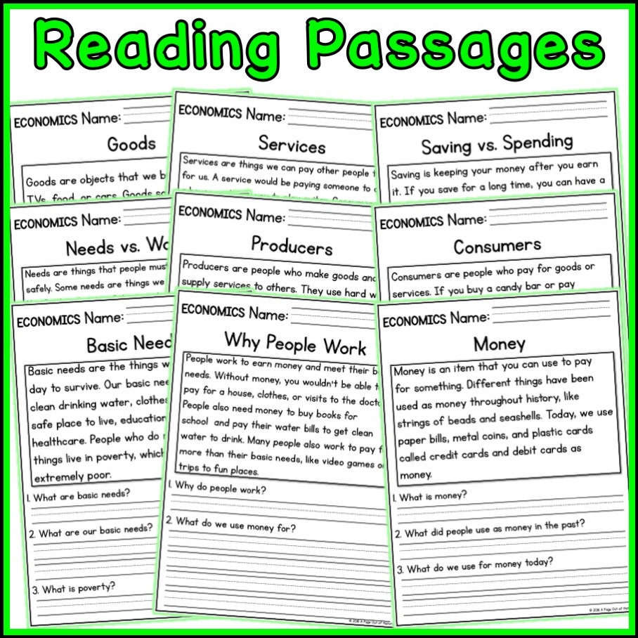 Economics Reading Comprehension Passages Questions Wants Needs Goods ...