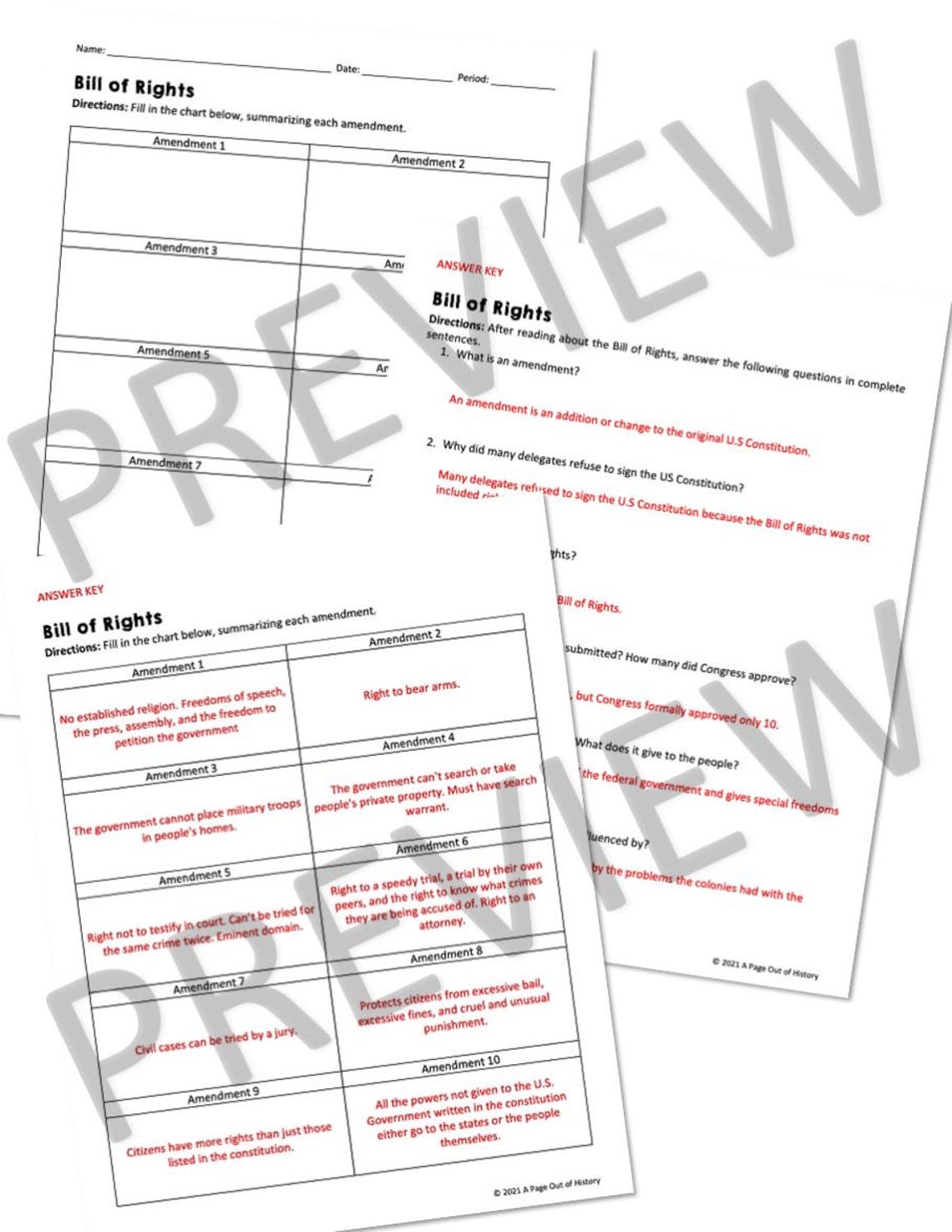 Bill of Rights US Constitution Reading Worksheets Answer Keys 6-12 ...