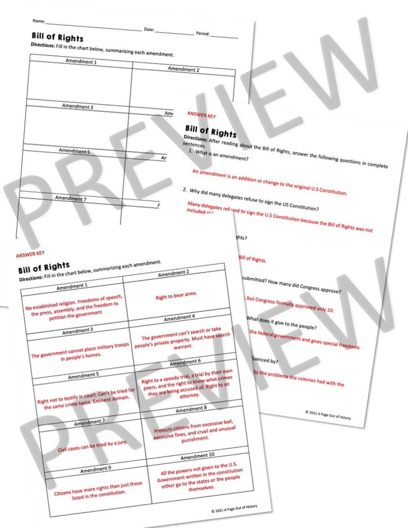 Bill of Rights US Constitution Reading Worksheets Answer Keys 6-12 ...