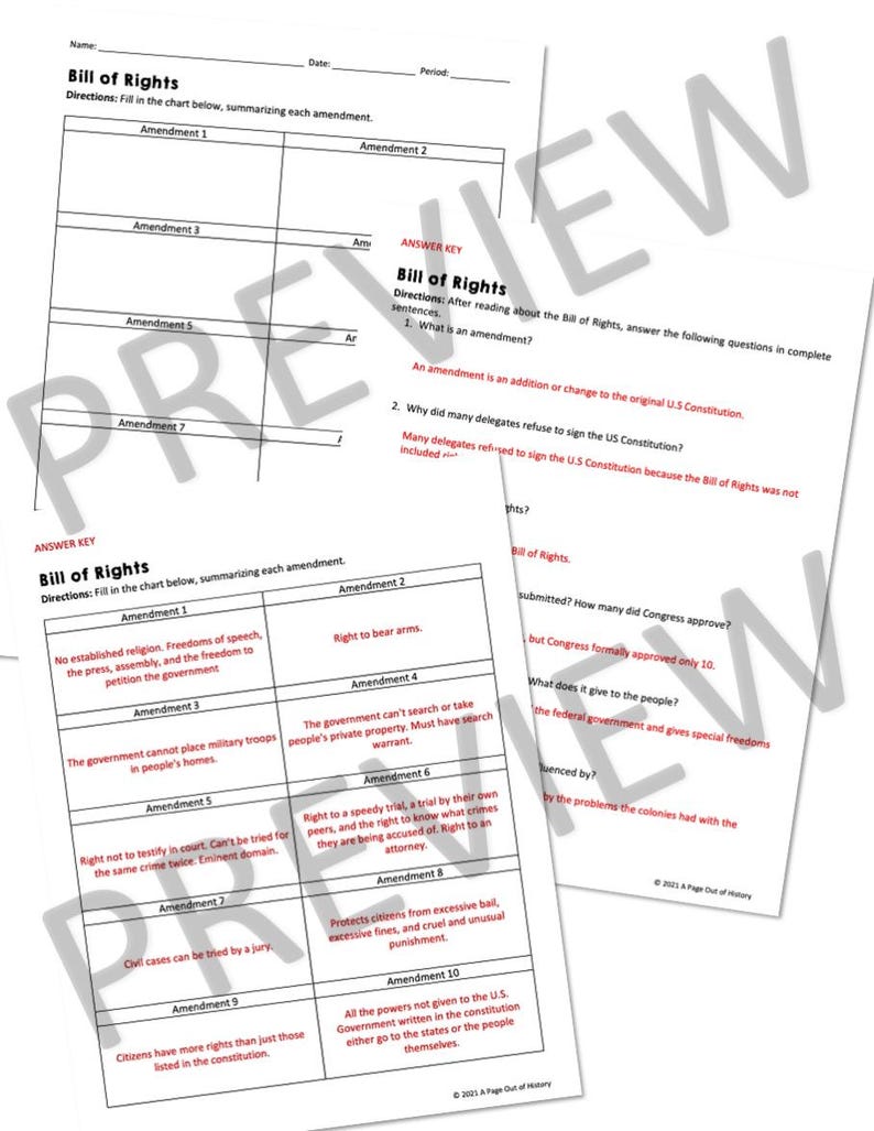 Bill of Rights US Constitution Reading Worksheets Answer Keys 6-12 ...