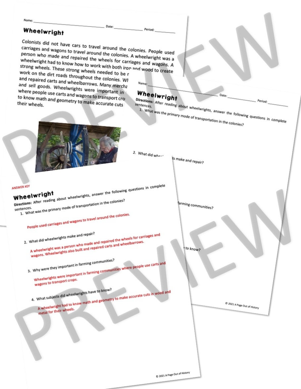 Colonial Wheelwright Reading Worksheets and Answer Keys | 6-12 ...