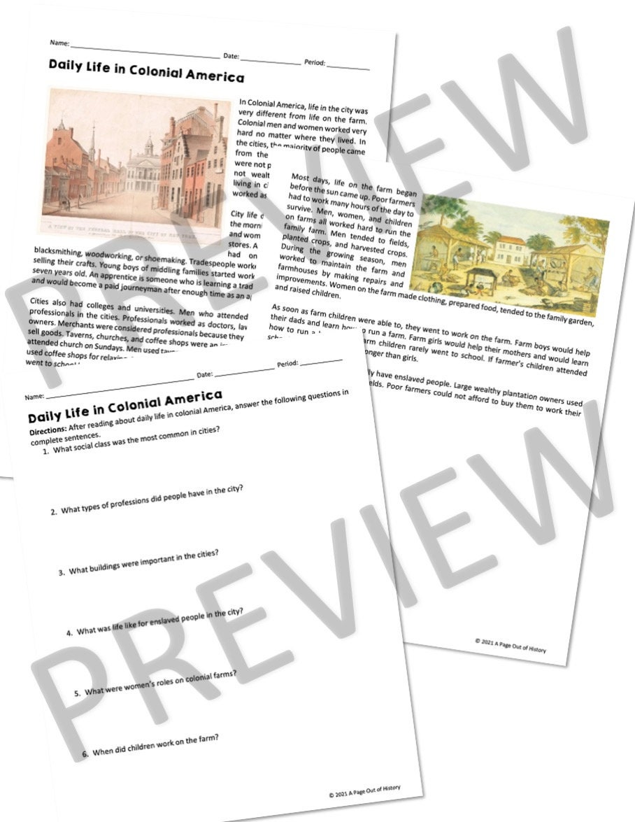 Daily Life in Colonial America Reading Worksheets and Answer Keys | 6 ...