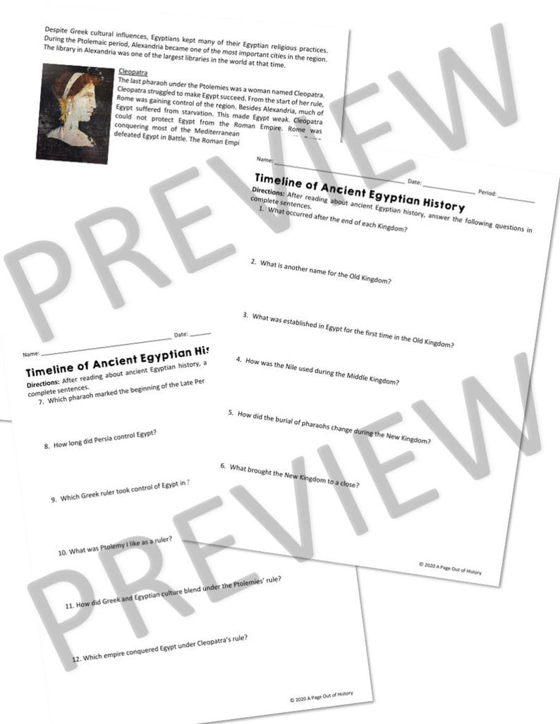 Timeline of Ancient Egyptian Kingdoms Reading Worksheets and Answer ...