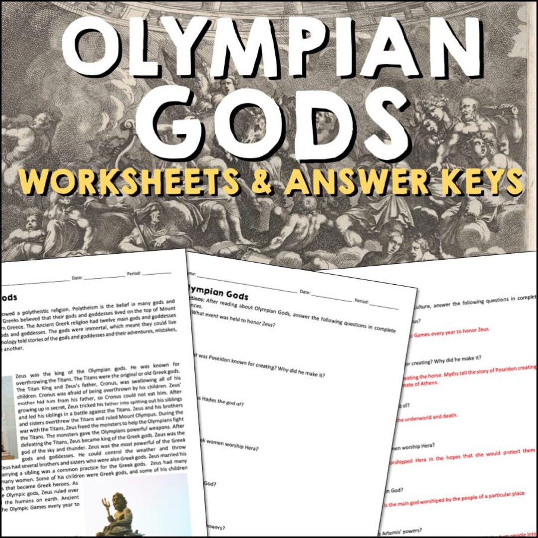 Olympian Gods Reading Worksheets and Answer Keys - Etsy
