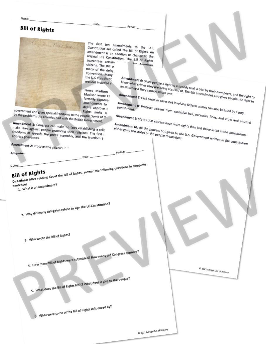 Bill of Rights US Constitution Reading Worksheets & Answer Keys ...