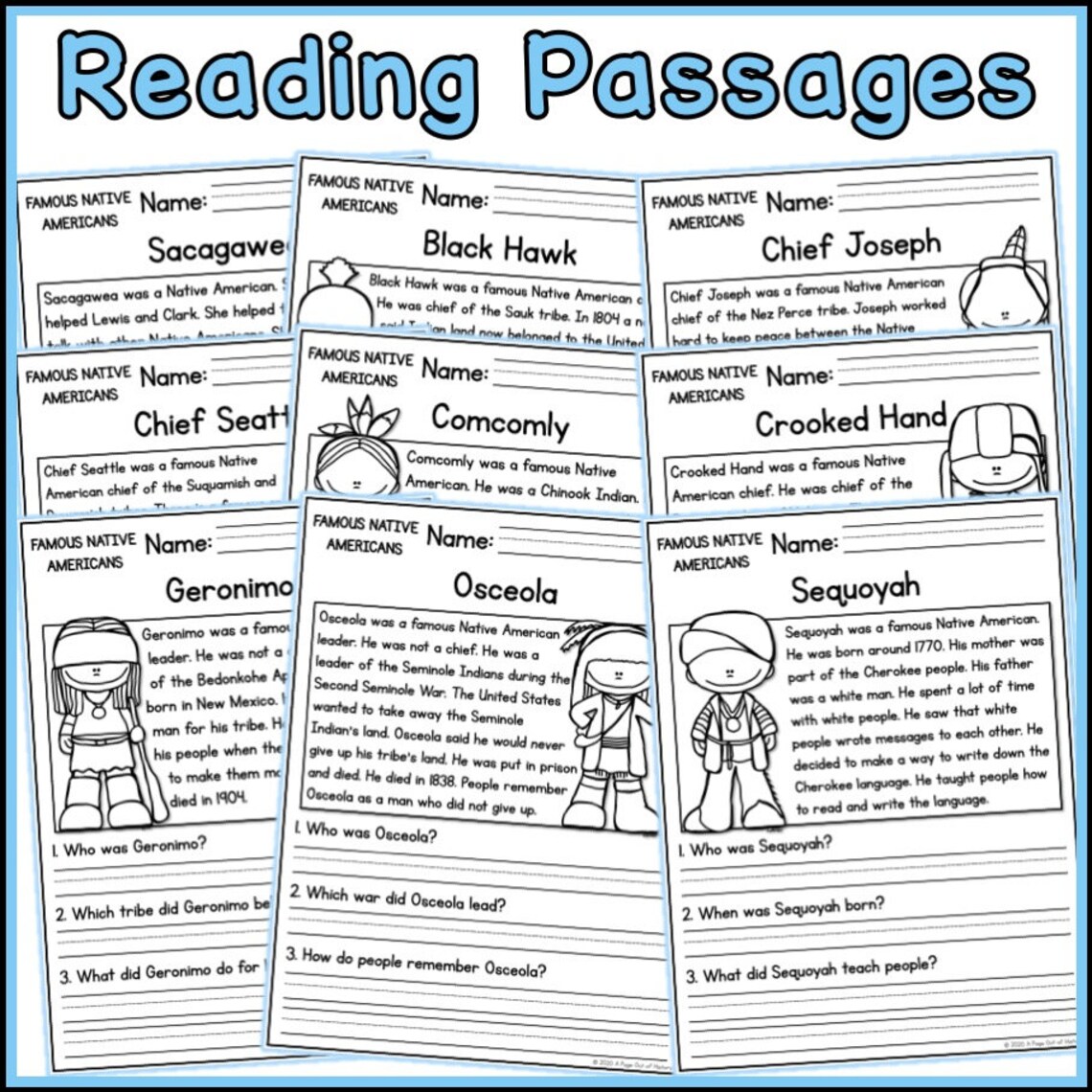 Famous Native Americans Reading Comprehension Passages K-2 Homeschool ...