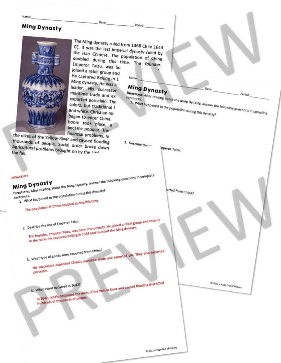 Ming Dynasty Reading Comprehension Worksheets & Answer Key, Ancient ...