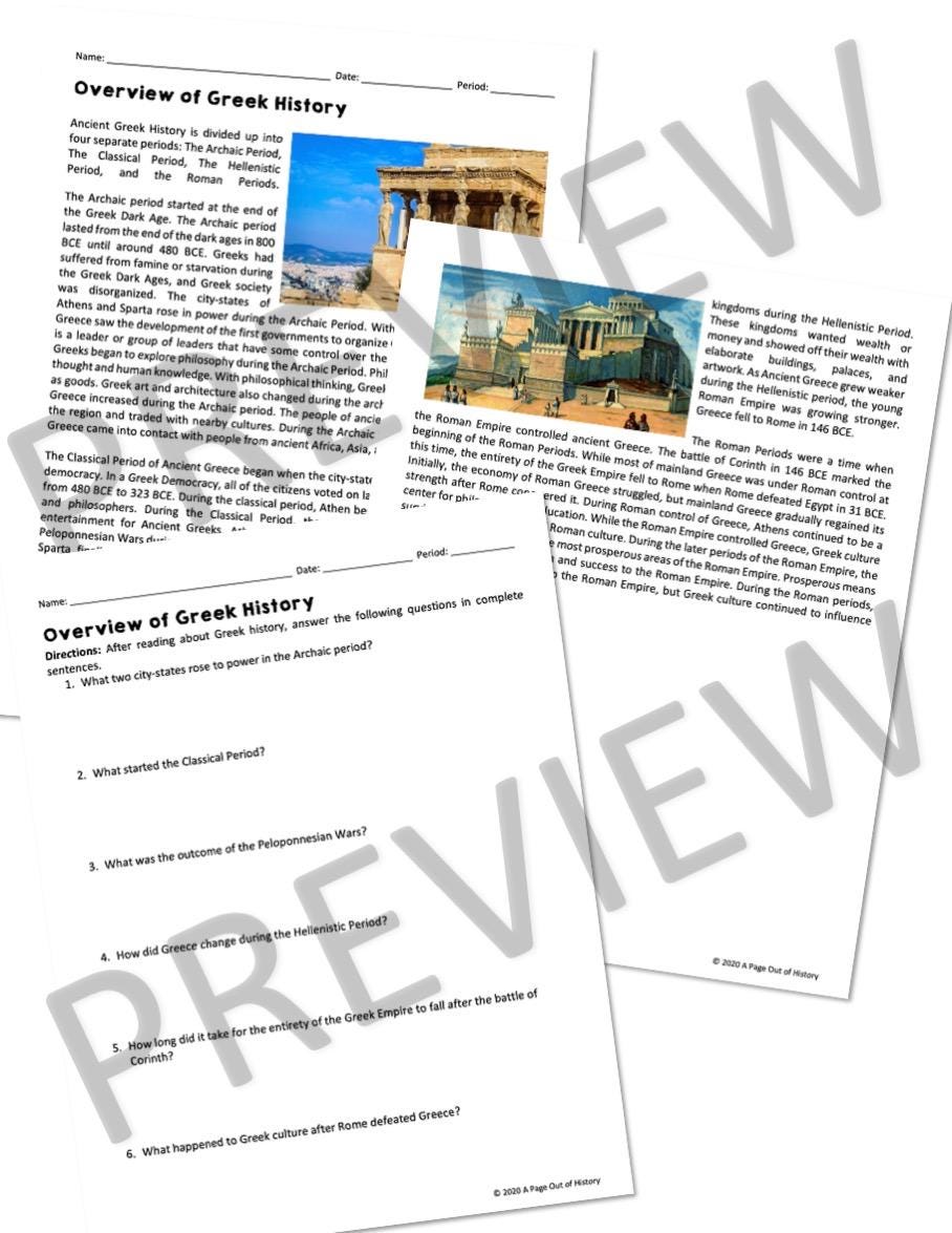Overview of Ancient Greek History Reading Comprehension Worksheets ...