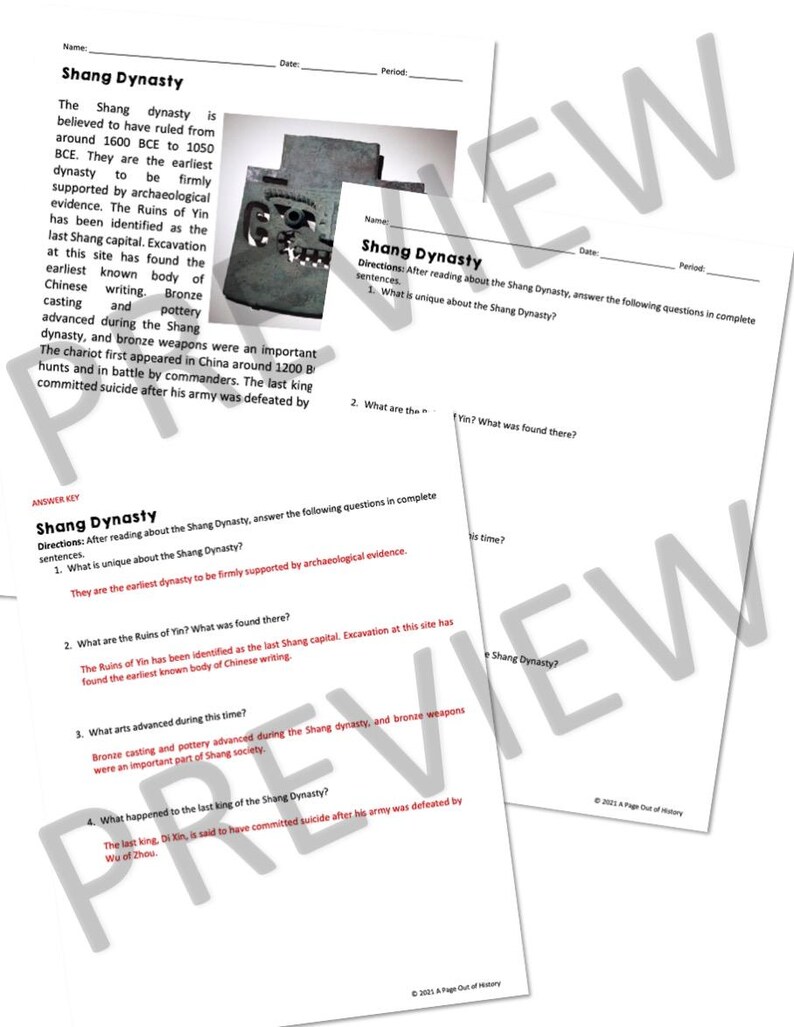 Shang Dynasty Reading Comprehension Worksheet, Ancient China History ...