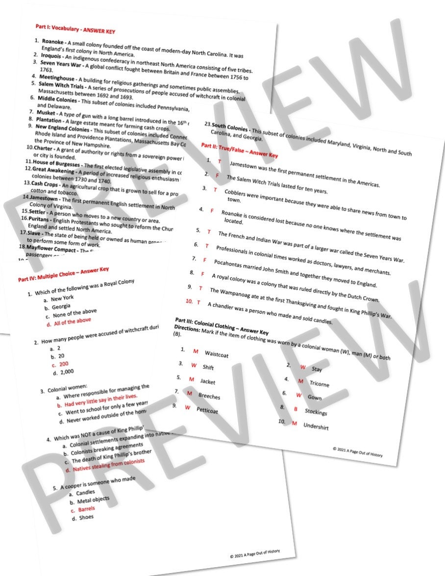 Colonial America Test and Answer Key, American History Printable Pages ...